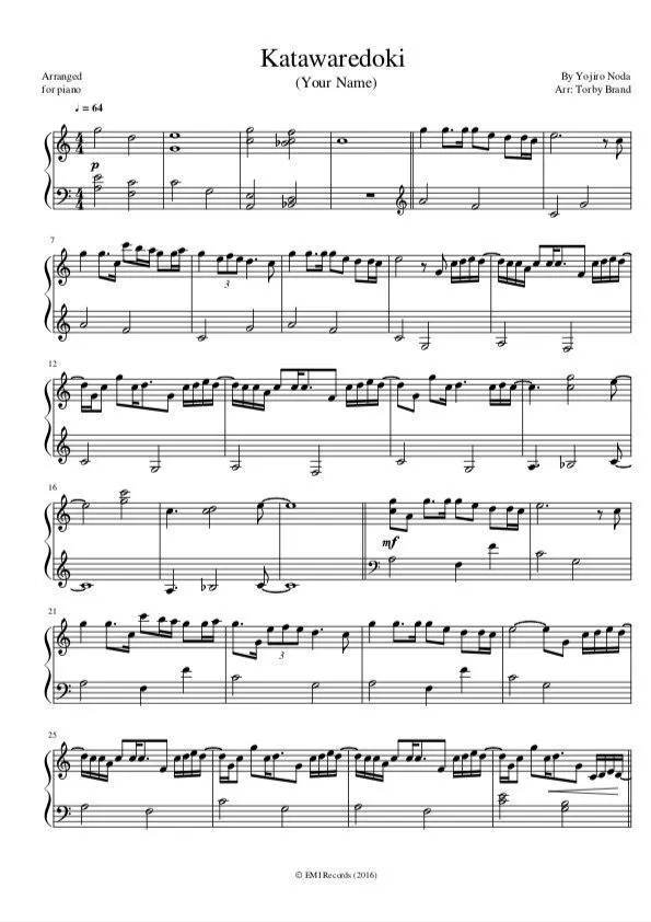 RADWIMPS Kataware Doki Sheet Music Downloads
