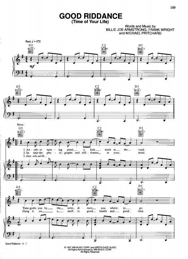 Green Day Good Riddance (Time Of Your Life) Sheet Music Downloads