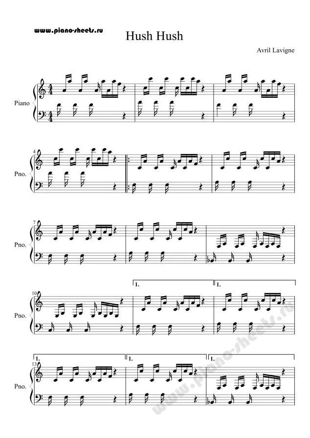 Avril Lavigne Hush Hush Sheet Music Downloads