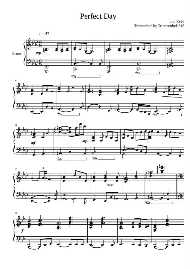 Lou Reed Perfect day Sheet Music Downloads